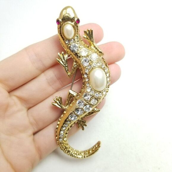 Vintage | Jewelry | Vintage Large Rhinestone Lizard Broochgold Tone ...